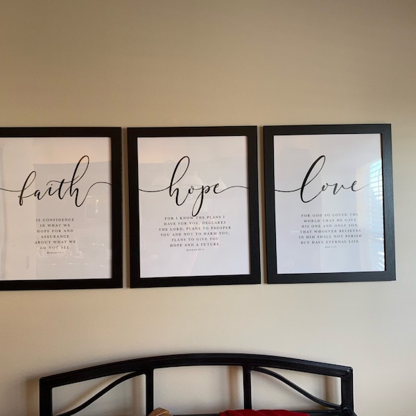 Faith Hope Love Bible Verse Wall Art Set of 3 Prints, Scripture Quote Hebrews 11, Jeremiah 29 ...