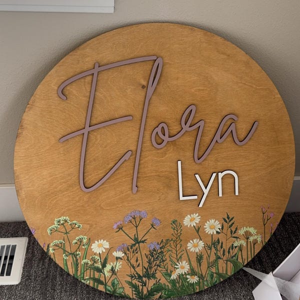 Wildflower Nursery Sign, Round 3D Name Sign, Personalized Wooden Name ...