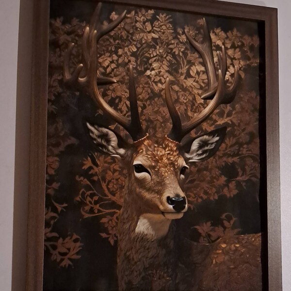 Deer Stag Gold Art Print Oriental Blue Flower Wildlife Blooming Wall ...