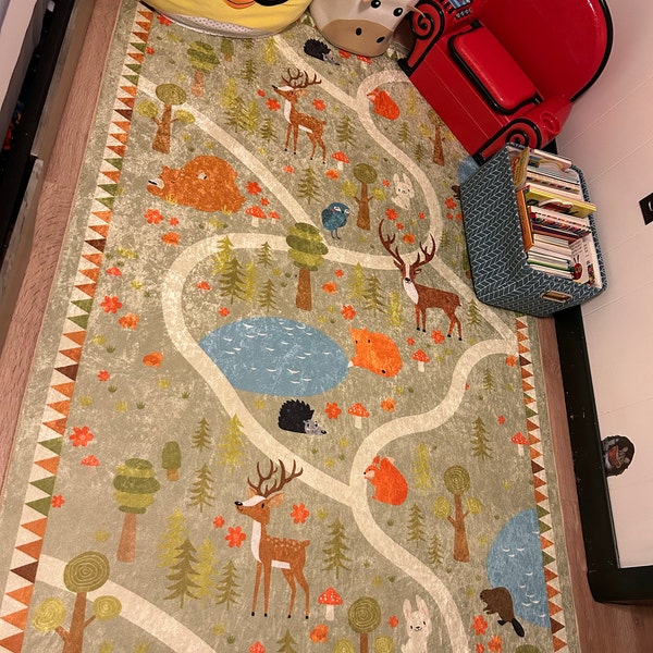 Travel to Forest Kid's Rug|jungle Road Nursery Play Mat|beige and Green ...