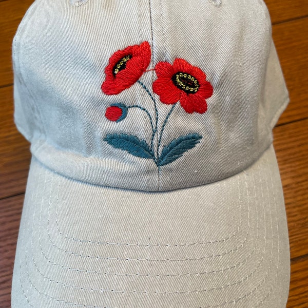 Red Poppy Flower Embroidered Baseball Cap, Washed Cotton Curve Brim ...