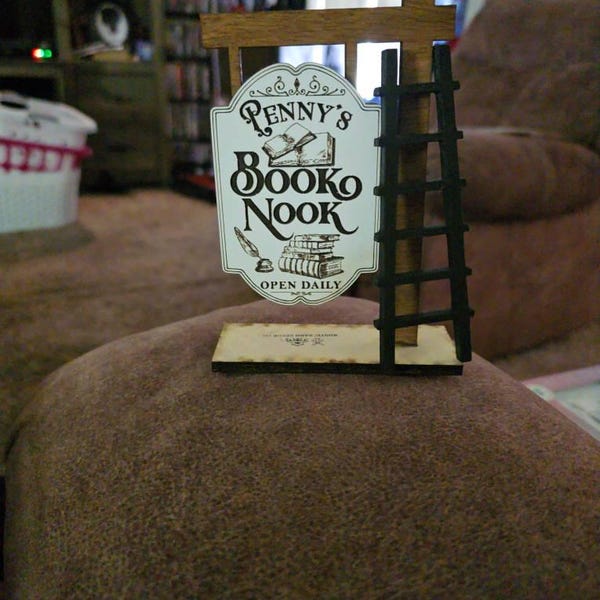 Personalized Book Nook Sign Library, Mini Wooden, With Ladder, Library ...
