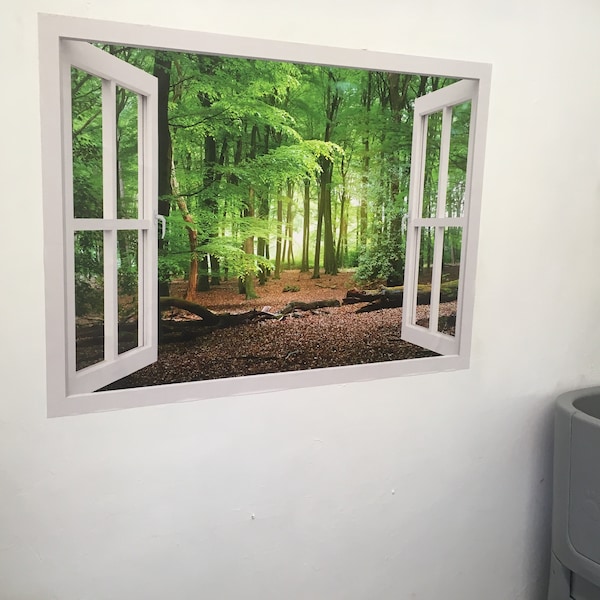 Green Forest Wall Decal, 3d Window Frame Wall Decal, Trees Nature Wall ...