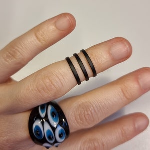 Matt Black Three Lines Band Ring, Jet Black Knuckle Ring, Womens ...