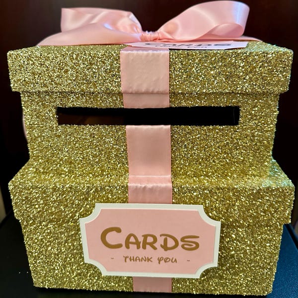 2 Tier Card Box Gold Glitter & Black Satin Ribbon | Gift Money Box for ...