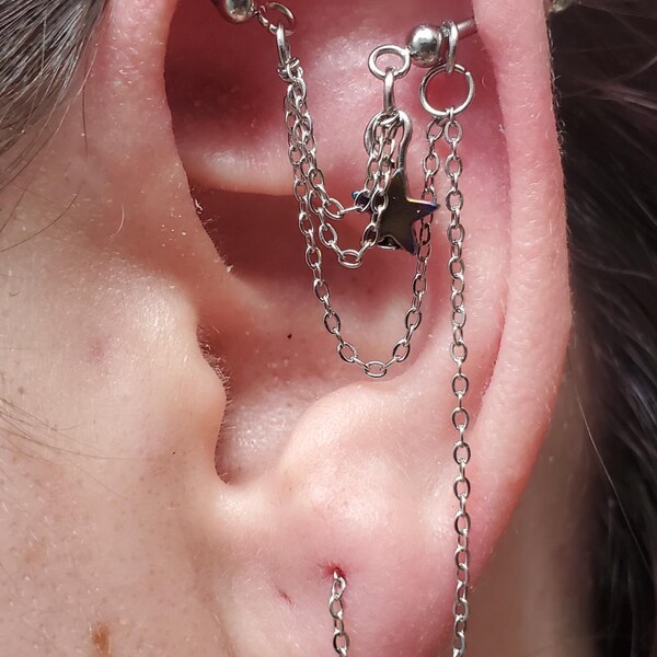 Industrial Piercing Ear O Lobe Chain, Helix to Lobe Chain With Rainbow ...