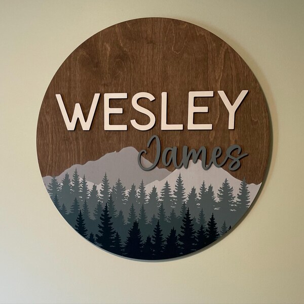 Woodland Theme Nursery Sign, Pine Tree Mountain Decor, Nursery Name ...