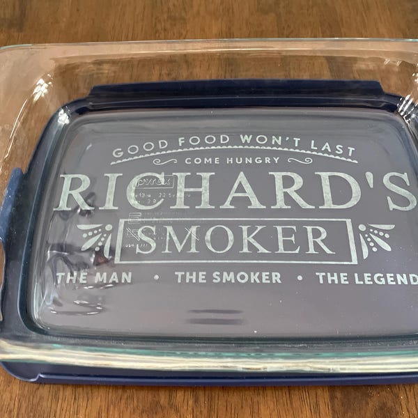 Customizable BBQ, Grill or Smoker Etched Glass Pan With Blue or Red Lid ...