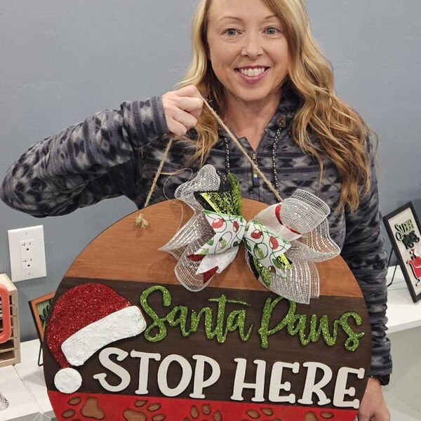 Santa Paws Stop Here Sign, Round Door Hanger Svg, Glowforge Laser File ...