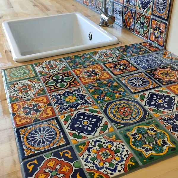 16 Mexican Tiles Hand-painted Talavera Patterns Approx. 10.5x10.5 Cm (4 ...