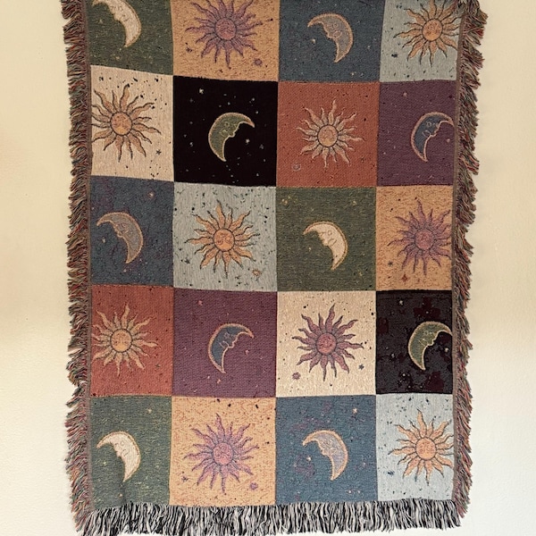 Boho Sun and Moon Woven Blanket - Celestial Checkerboard Throw Blanket ...