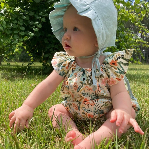 Ruffled Linen Baby Bonnet Girl, Ivory, Dusty Pink, Dusty Blue Ruffle ...