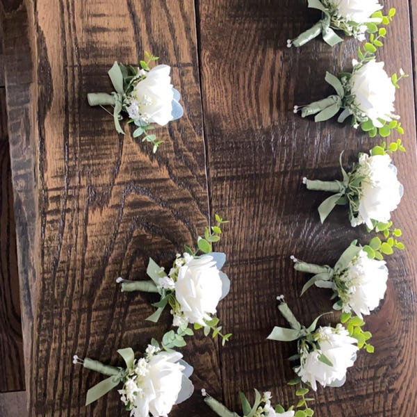 Boho Ivory Rose Boutonniere With Eucalyptu, Realistic Rose Wedding ...