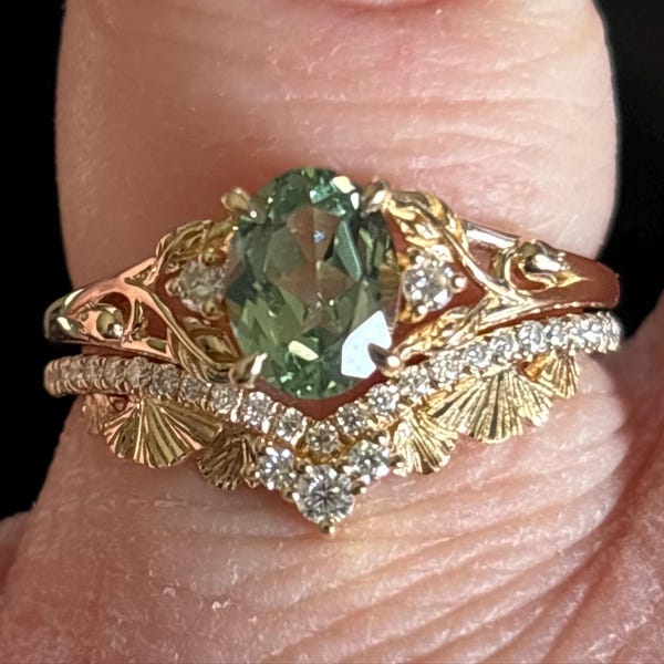 Vintage Green Sapphire Engagement Ring Set Nature Inspired Leaf ...
