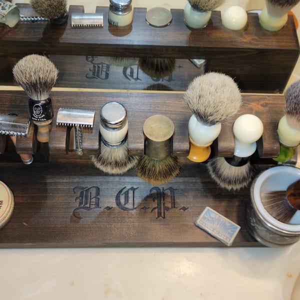 The Ultimate Wood Shaving Razor and Brush Double Decker Stand 16" Wide ...