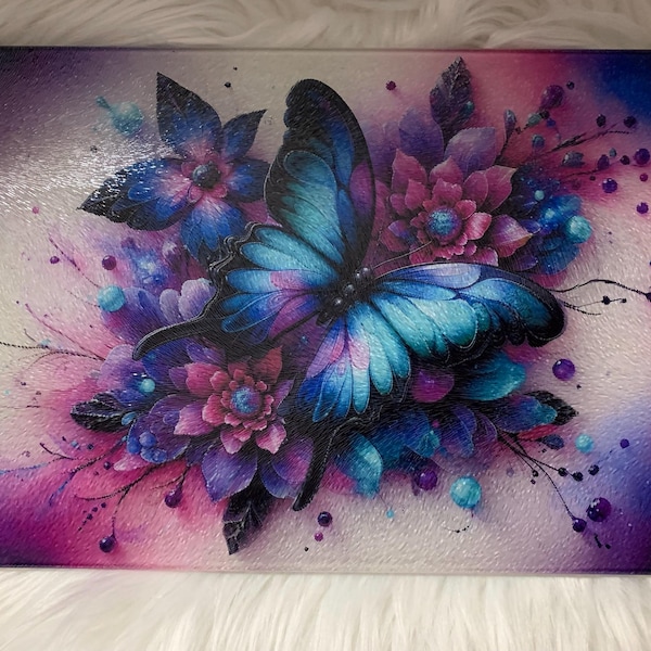 Glass Cutting Board Sublimation - Teal and Purple Butterfly - 15.5 X 11 ...