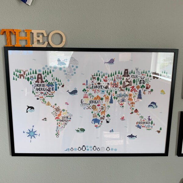 Printable World Map for Kids Nursery Wall Art, Animal World Map Poster ...