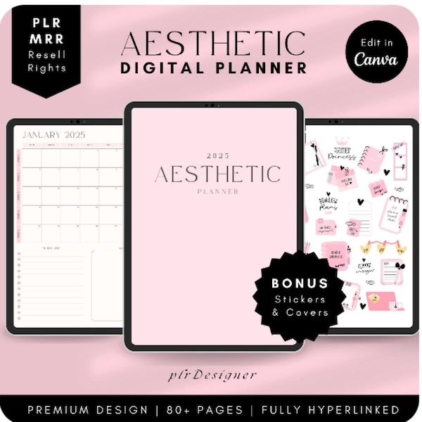 PLR Digital Planner Resell Bundle: 2025 2026, Notebook, Stickers. Pink ...