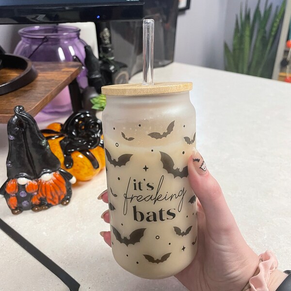 It's Freaking Bats Iced Coffee Cup, Halloween Glass Can, Cup With Lid ...