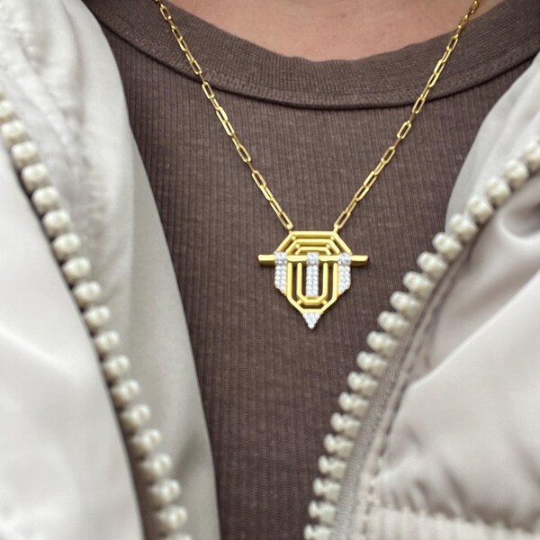 925 Silver 14 Carat Gold Plated Shield Spike Necklace Trigon Strip ...