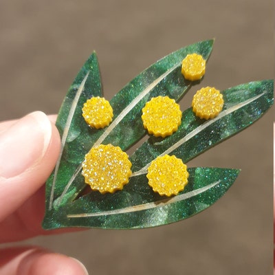 Golden Wattle Brooch in Swirly Green and Glittery Yellow - Etsy Australia