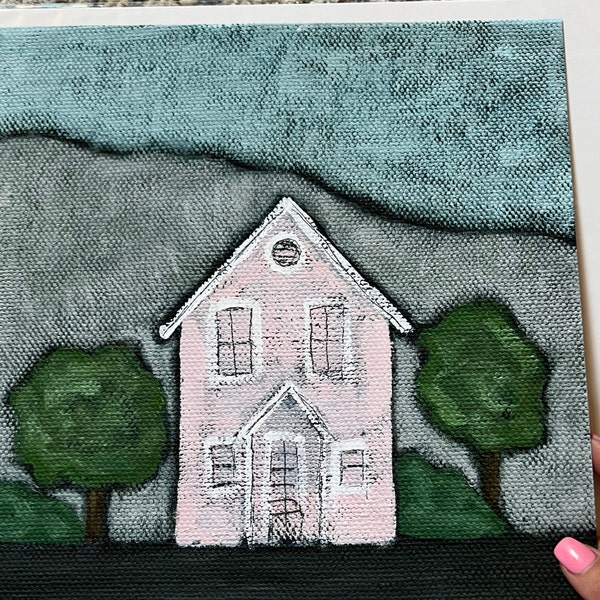 Pink House Art Print, Farmhouse Decor, Cottage Painting, Rustic ...