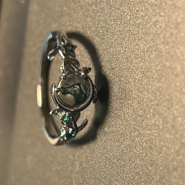 Nature Inspired Natural Moss Agate Ring Moon Star Design Vintage 1ct ...