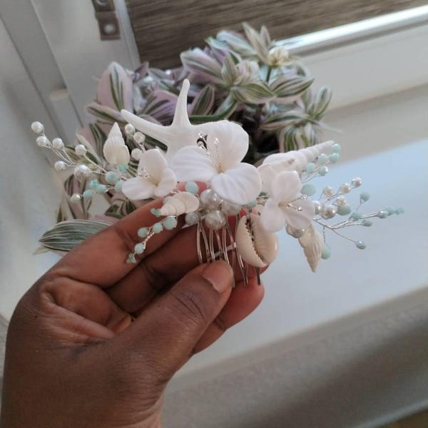 Beach Hair Comb, Seashell Headpiece, Clay Starfish Hair Comb, Shells ...