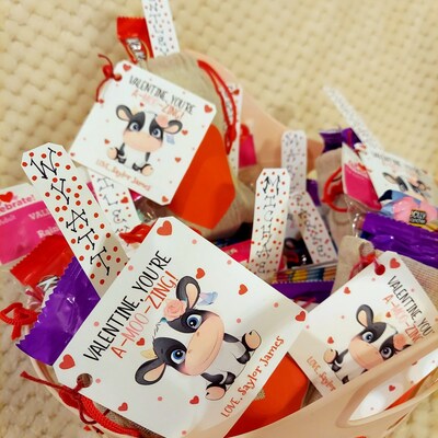 Printable Cow Valentine, Farm Valentine Tag, You're A-moo-zing ...