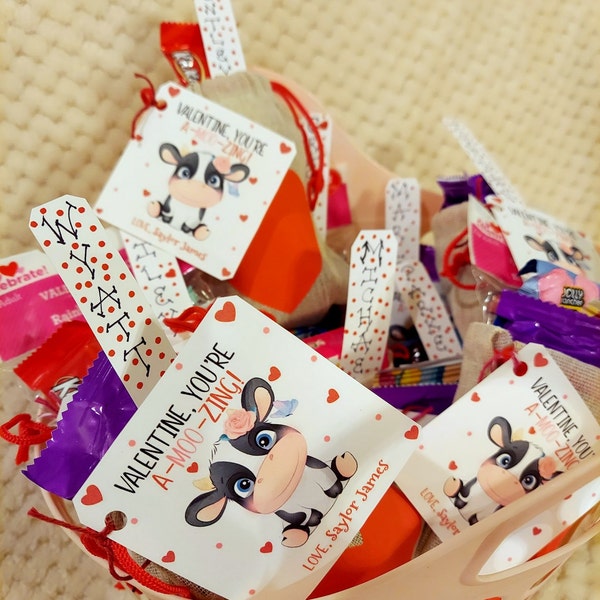 Printable Cow Valentine, Farm Valentine Tag, You're A-moo-zing ...