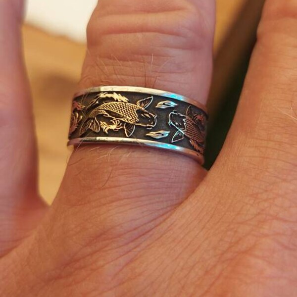 Japanese Lotus Flower Kanji Ornamental Wedding Men's Band Ring ...