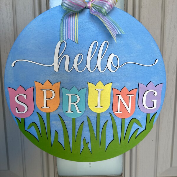 Hello Spring Tulips Sign, Round Door Hanger Svg, Spring Welcome Sign ...
