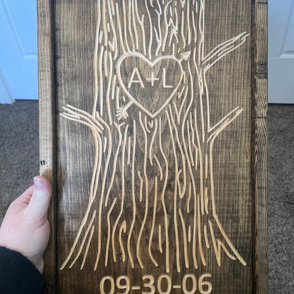 Initials in Heart Tree, Couples Name Sign, Carved Names, Engraved ...