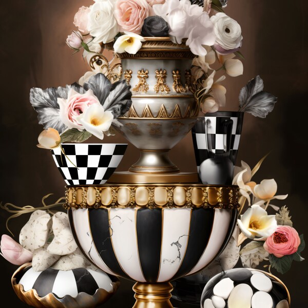 Rose Pattern Courtly Checkered Check Decor | Digital Wall Art | Flowers ...