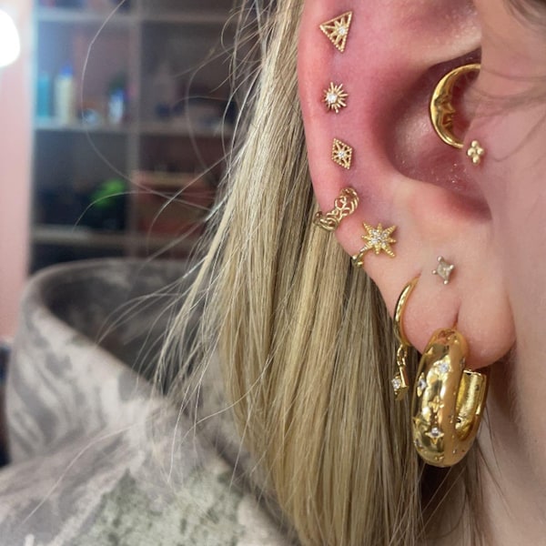 14k Solid Gold Sunburst Stud Earring Dainty Star Cartilage Stud Tiny ...