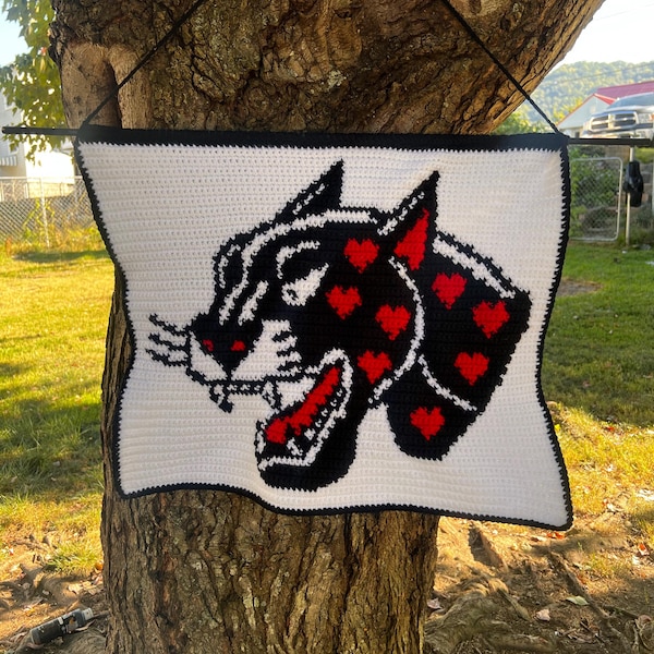 Love Heart Panther Traditional Tattoo Crochet Wall Hanging Tapestry ...