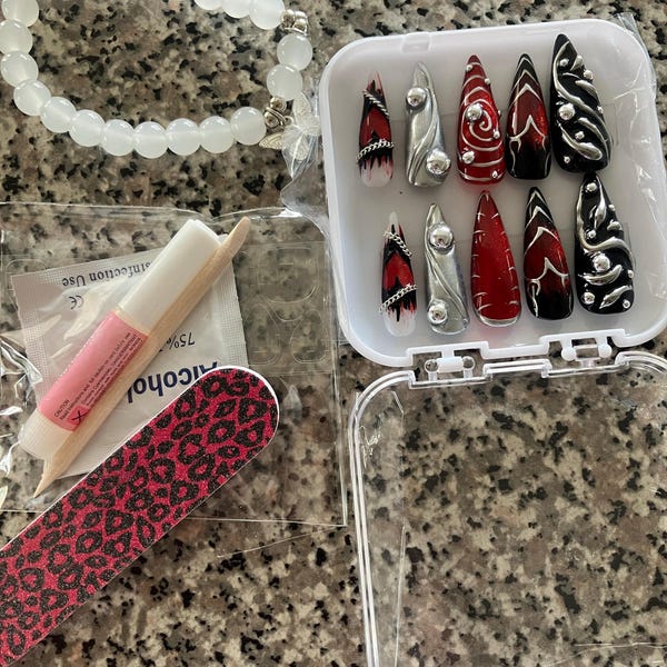 3D Flower Freestyle Medium Almond Press on Nails, Ombre Nail | Red ...