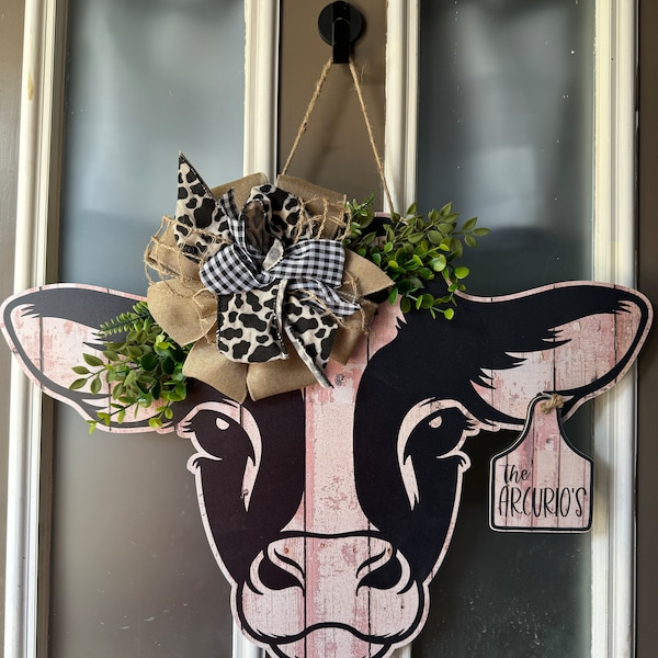 Cow Door Hanger - Cow Print Wreath - Cow Tag Door Hanger - Personalized ...
