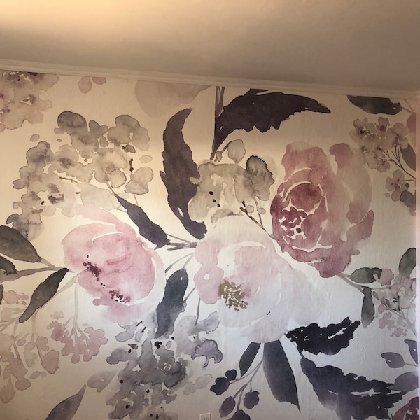 Delicate Forest Floral Large Scale Mural Wallpaper Watercolor Botanical ...