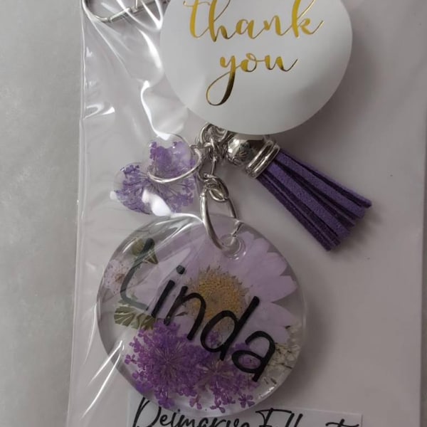 Custom Purple Flower Resin Keychain, Personalized Pressed Dried Floral ...
