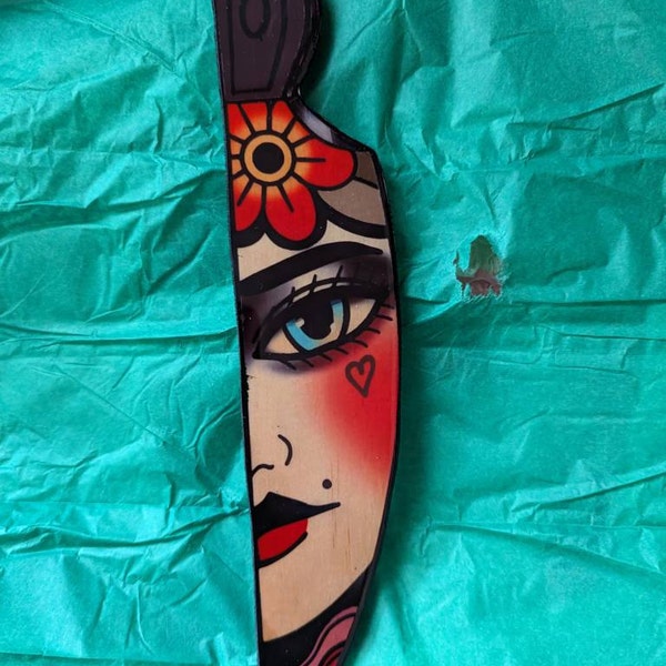 Reflection Gypsy Babe Face Knife Tattoo - Wood Cutout, Wood Ink ...