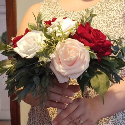 Deep Red, Blush Pink, & White Artificial Bridal Bouquet Real Touch ...