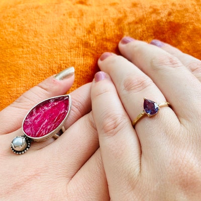 Rough Ruby Ring-sterling Silver Ruby Pearl Ring-dark Red Teardrop Ruby ...