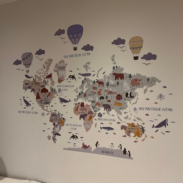 Animal World Map Decal, Peel and Stick Map Decal, World Map Wall Mural ...