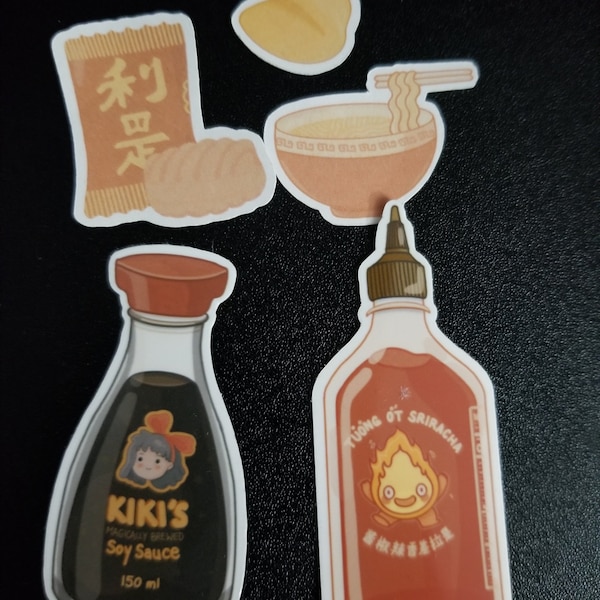 Asian Sauces Stickers Calcifer Sriracha Hot Sauce, Kiki Soy Sauce ...