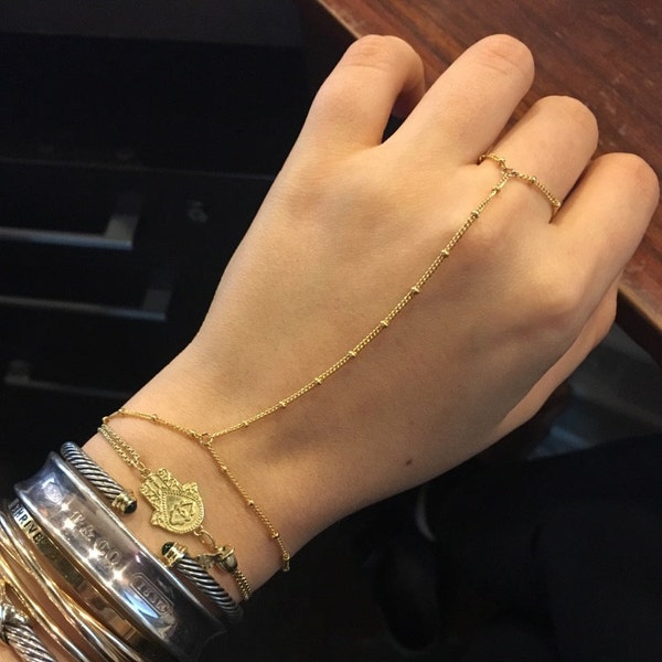 Beaded Hand Chain Ring Bracelet In 14 20 Gold Fill Etsy