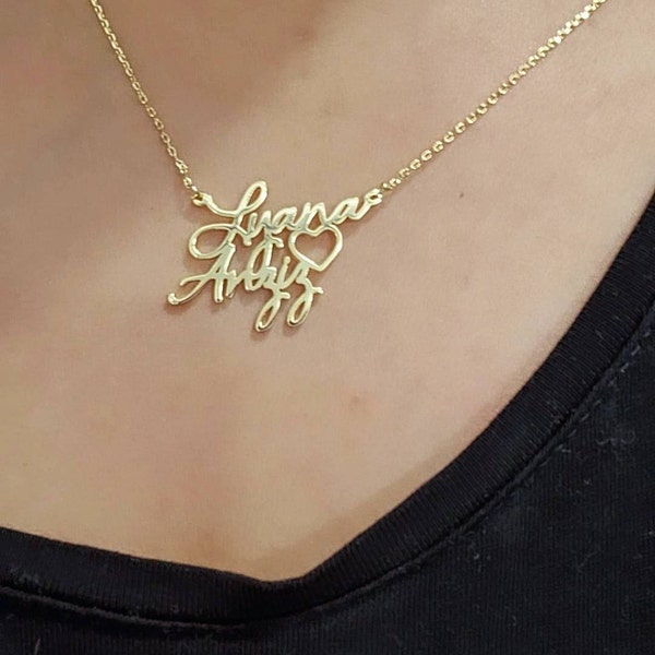 Personalized Double Names Necklace With Heart, Custom Gold Name ...