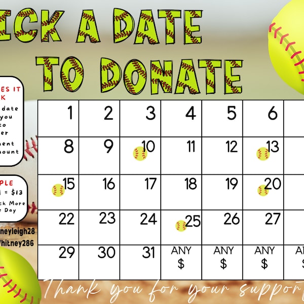 Editable Softball Fundraiser Calendar, Softball Calendar Fundraiser ...