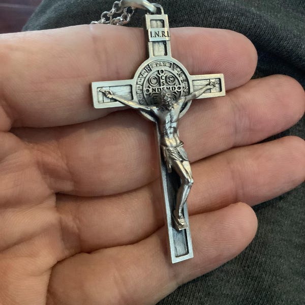 Personalized Saint Benedict Crucifix Silver Necklace, Handmade St ...