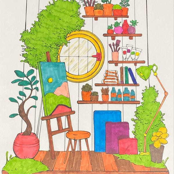Atelier Interior Coloring Pages, Cozy, Plants, Room, Furniture ...